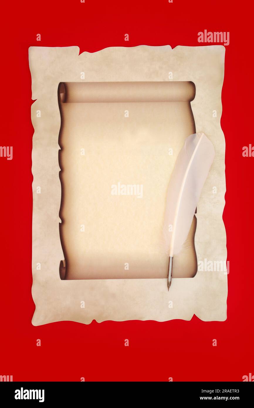 Parchment paper scroll with white feather quill pen on red background ...