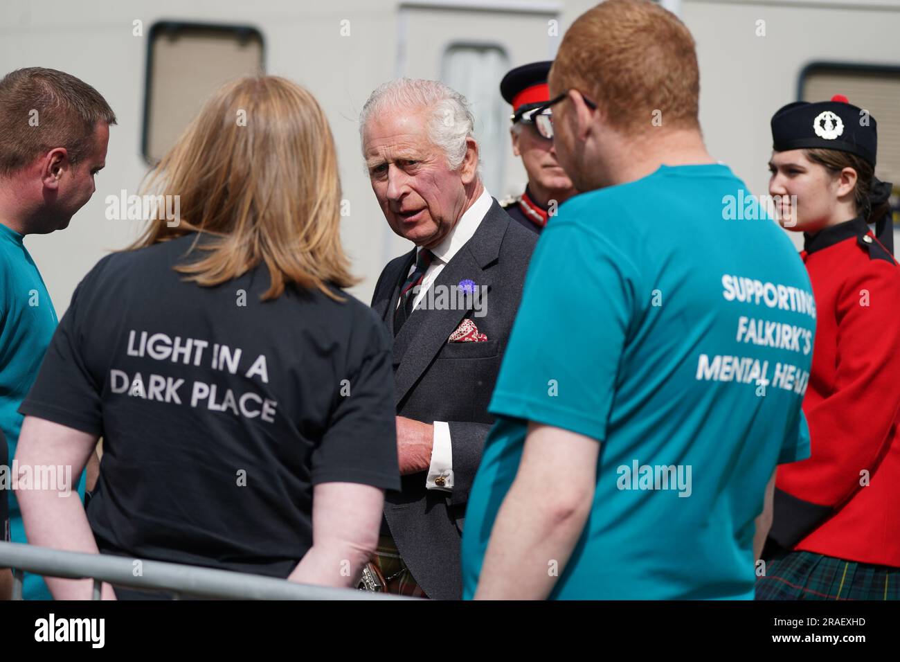 King Charles III (centre) during his visit to Kinneil House in ...