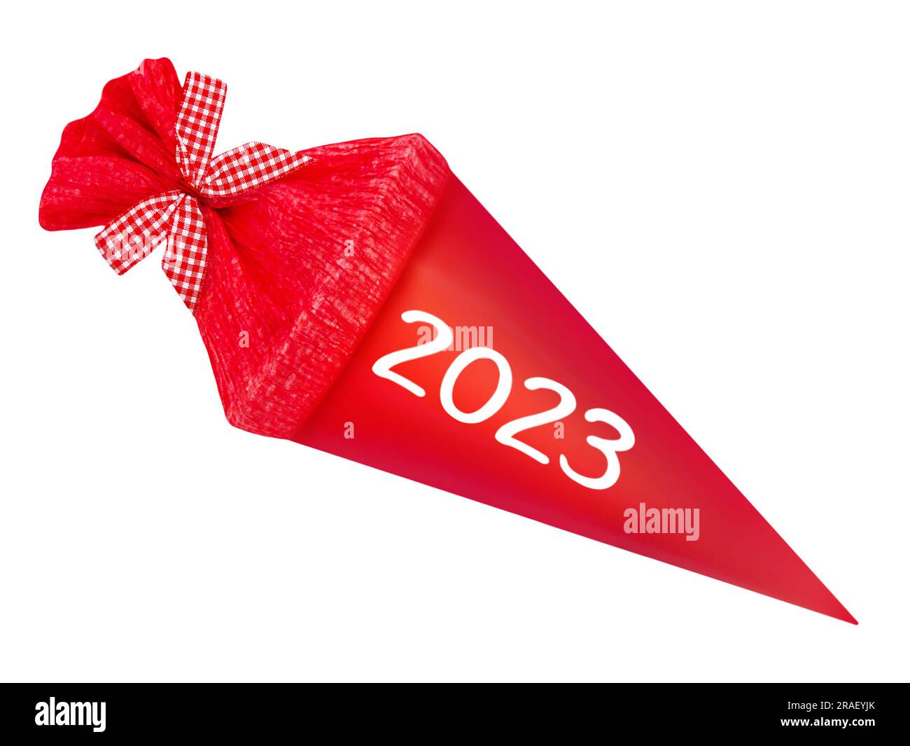 Red cornet and present 2023 with ribbon isolated against white ...