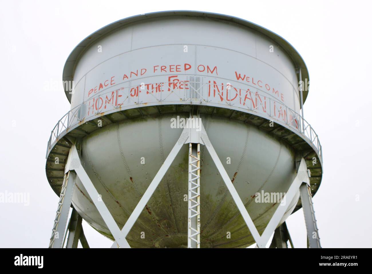 Close up of Alcatraz water tower with Native American graffiti Alcatraz ...