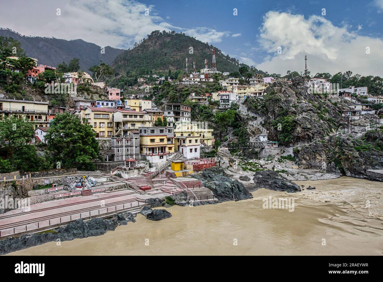 Alaknanda river at Rudraprayag town, in Uttarakhand, Himalayan state of ...