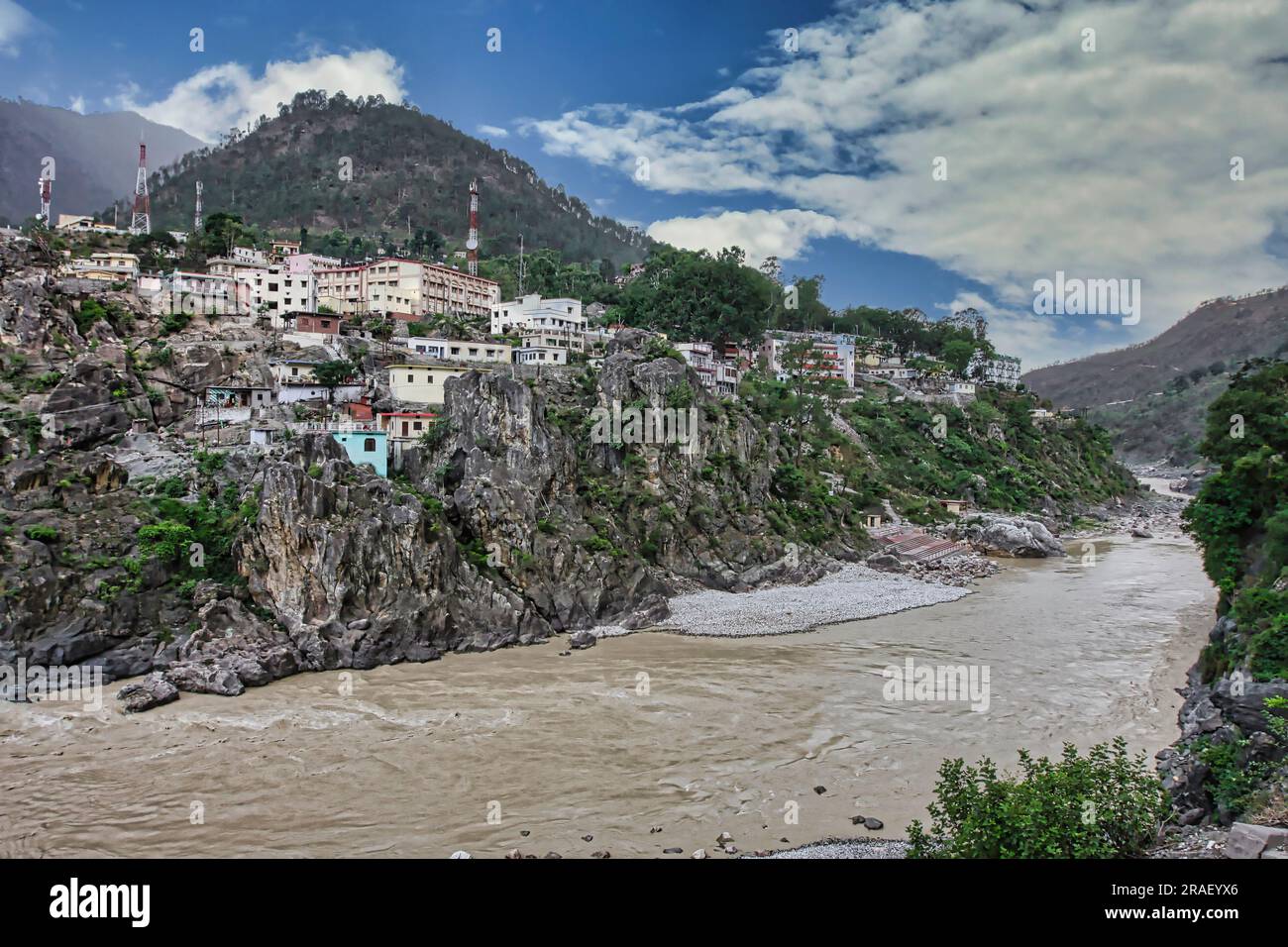 Alaknanda river at Rudraprayag town, in Uttarakhand, Himalayan state of ...