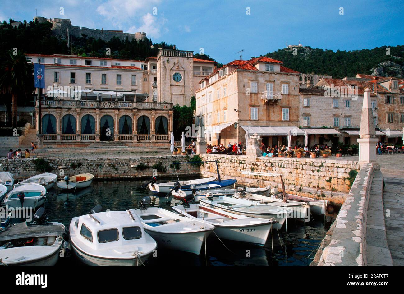 Boats in harbour, view of loggia, Hvar centre, Hvar island, Croatia ...