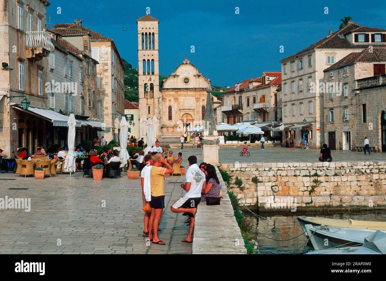Market square with church Sv. Stjepan, centre of Hvar, island of Hvar ...