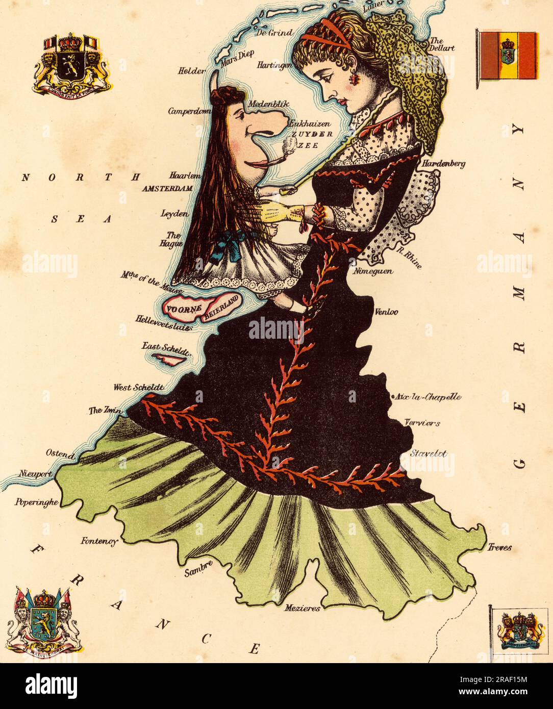 Personified map, circa 1880, Holland and Belgium, depicted with a woman ...
