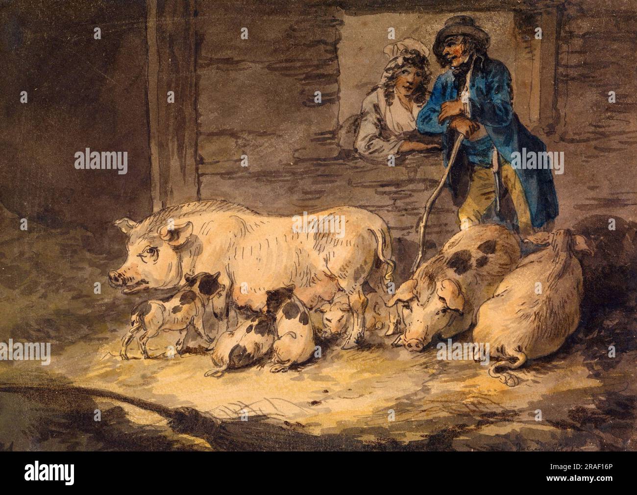 Pigs and mother sow with her litter, piglets, farmer and wife, 1790 ...