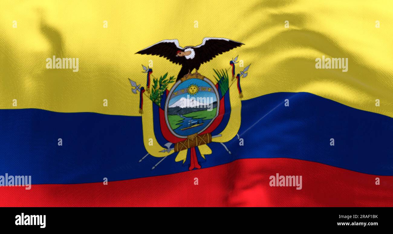 Close-up view of the Ecuador national flag waving in the wind. The ...