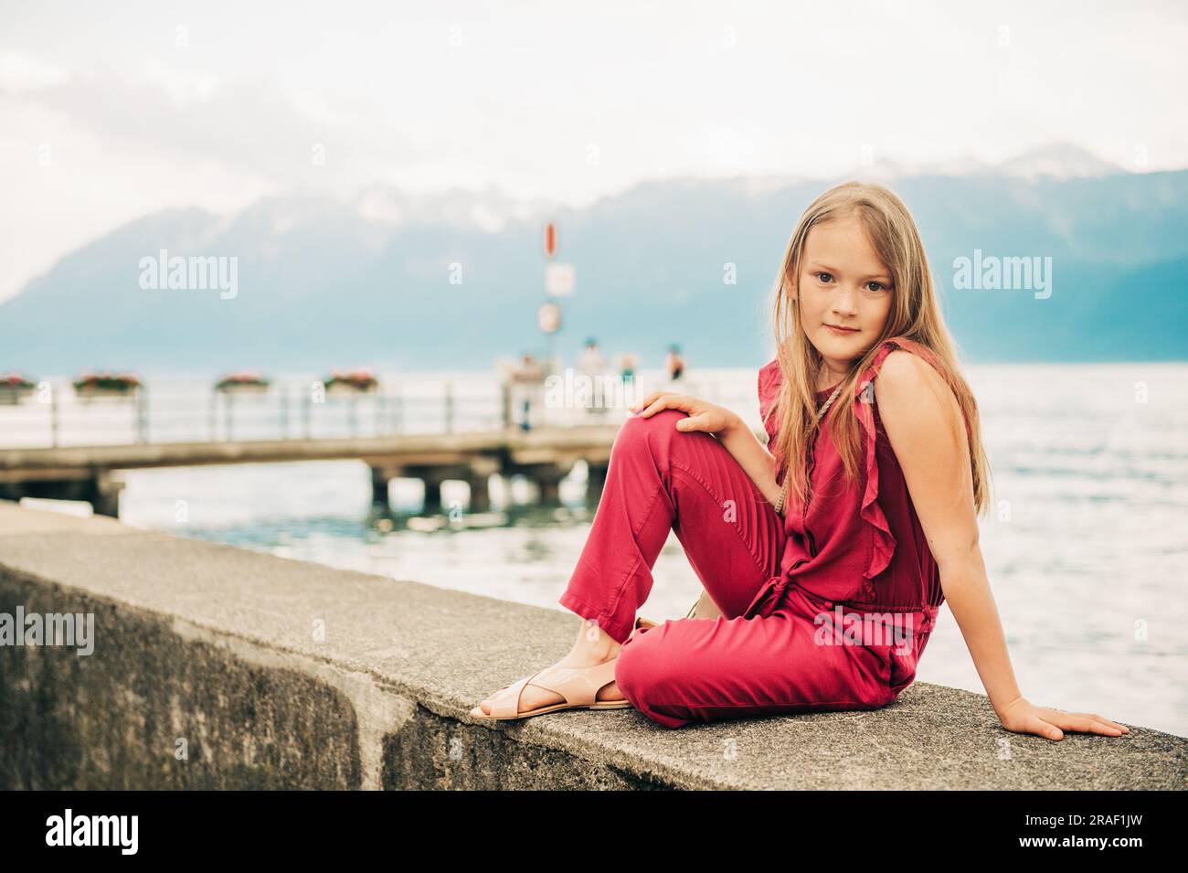 Fashion stylish portrait of pretty preteen girl of 8-9 years old ...