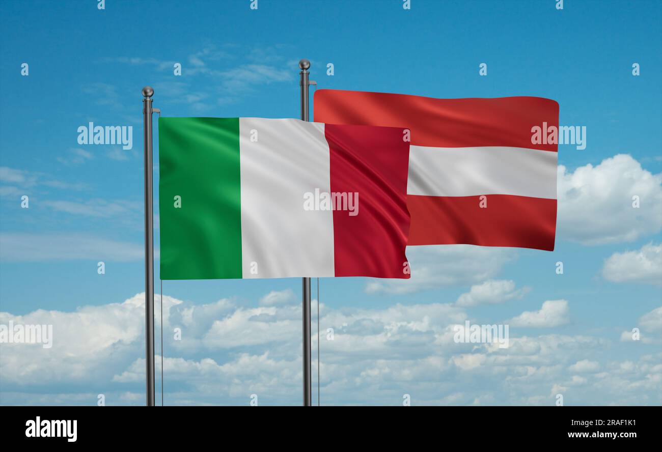 Austria flag and Italy flag waving together on blue sky, two country ...