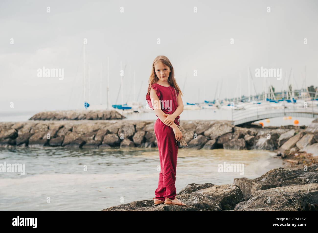 Fashion stylish portrait of pretty preteen girl of 8-9 years old ...