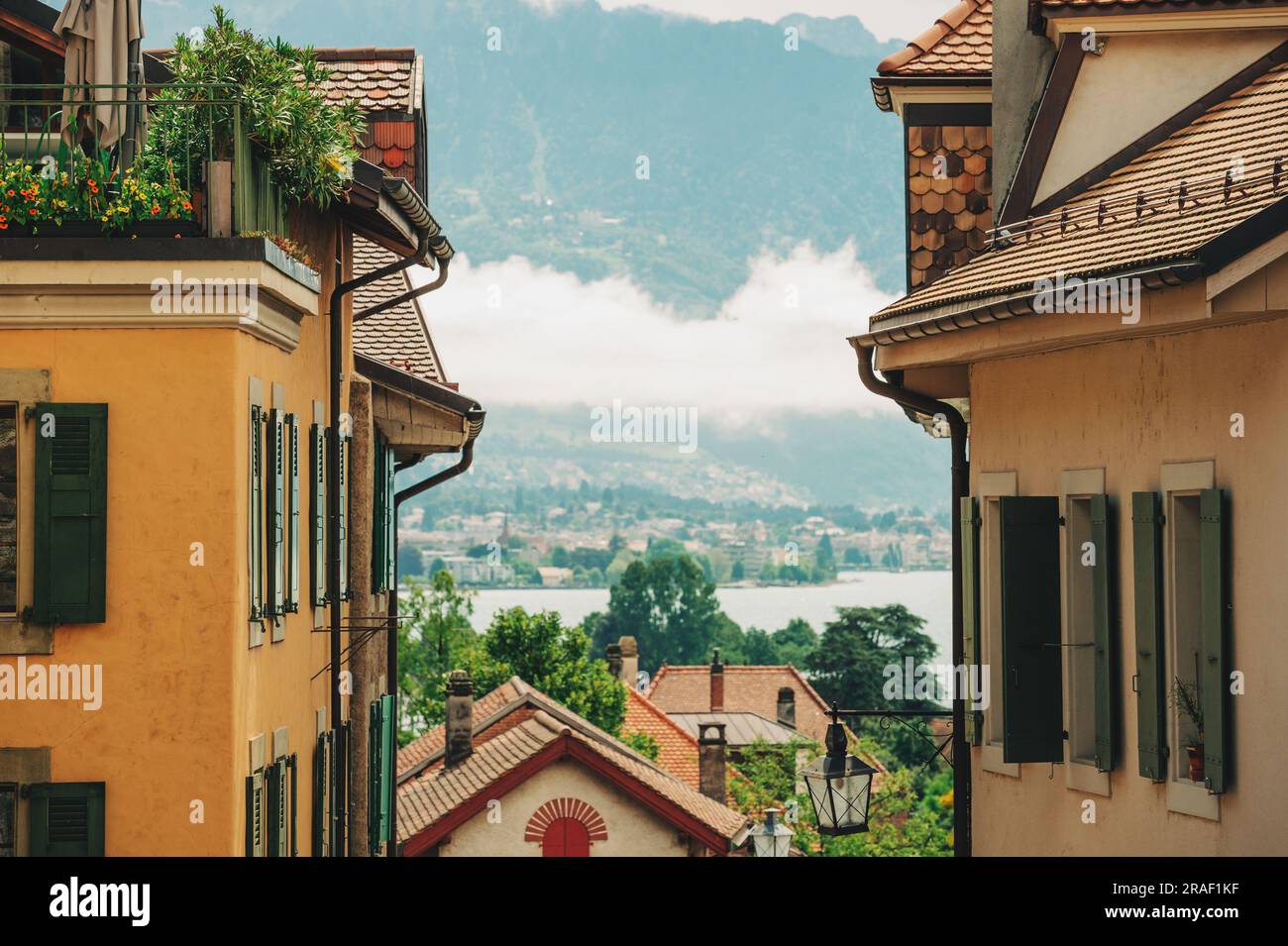 View on Lake Geneva and french Alps from Montreux Stock Photo - Alamy