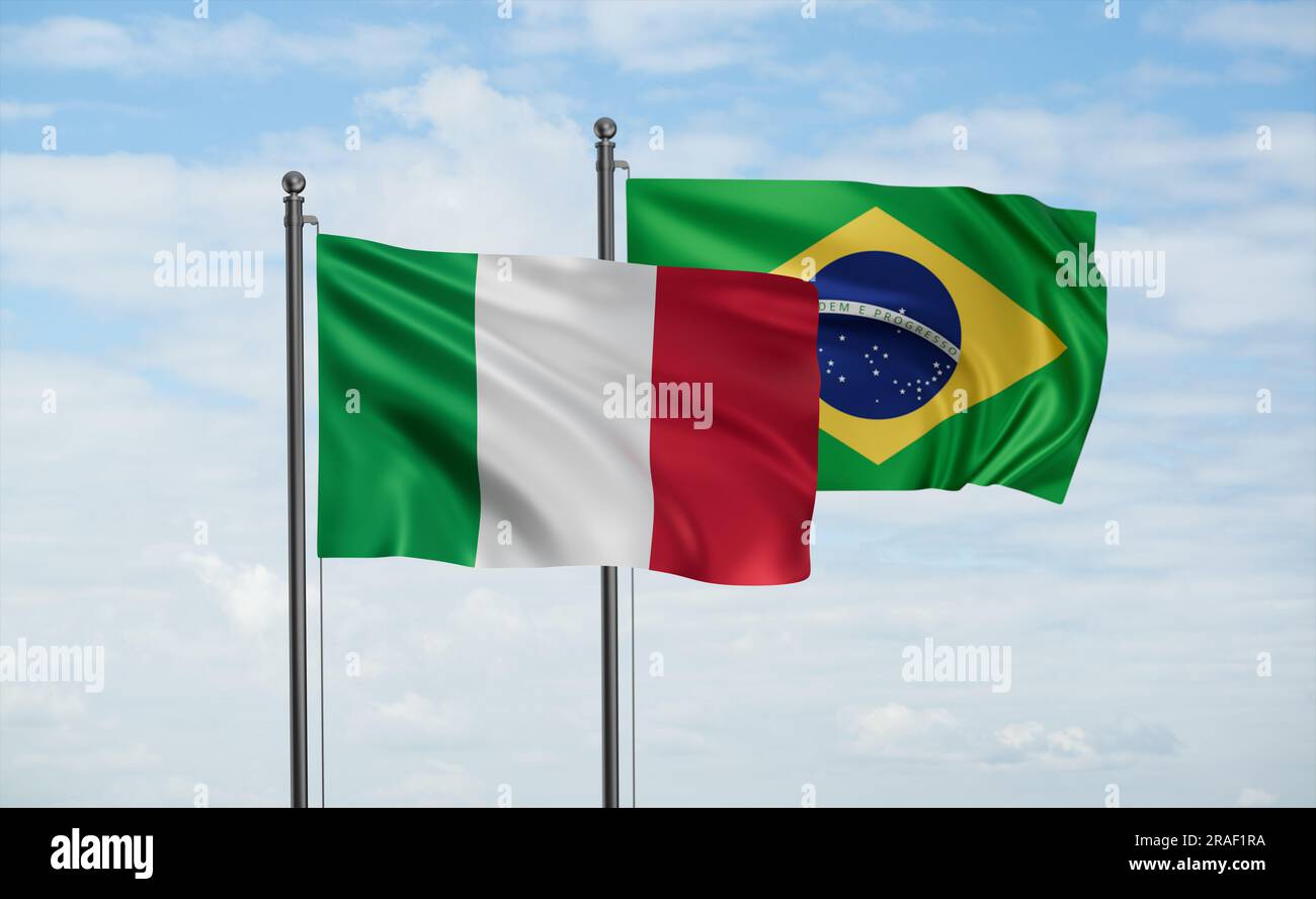 Brazil flag and Italy flag waving together on blue sky, two country ...