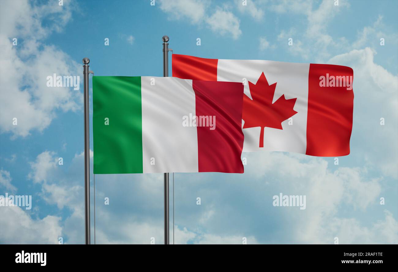 Canada and Italy flag waving together in the wind on blue sky, two ...