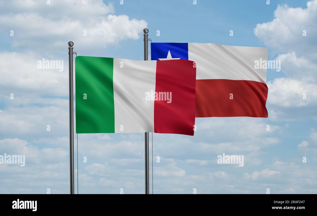 Chile flag and Italy flag waving together on blue sky, two country ...