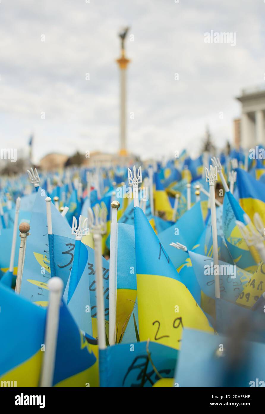 Kyiv, Ukraine - 03.27.2023: Independence Square with yellow and blue ...