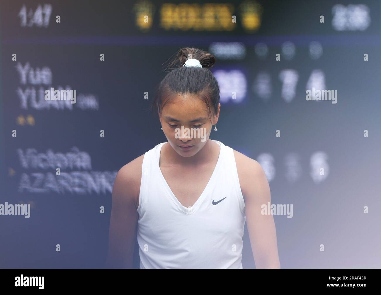 London, Britain. 3rd July, 2023. Yuan Yue of China reacts while ...
