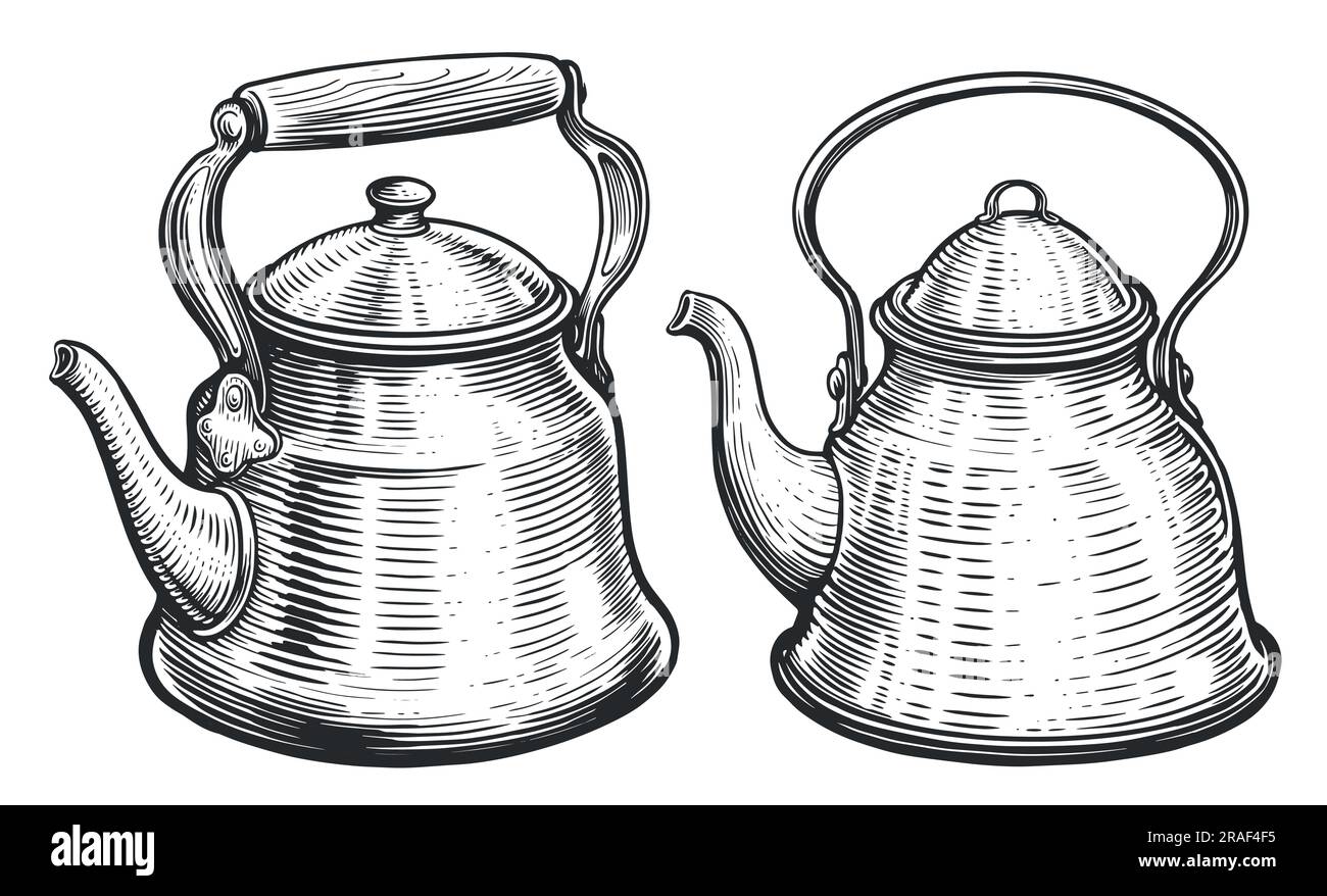 Traditional stainless steel retro teapot with handle. Hand drawn sketch ...