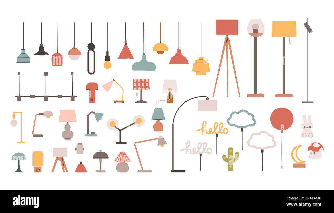 Set of lamp. Vector collection of floor lamp table lamp ceiling lamp ...