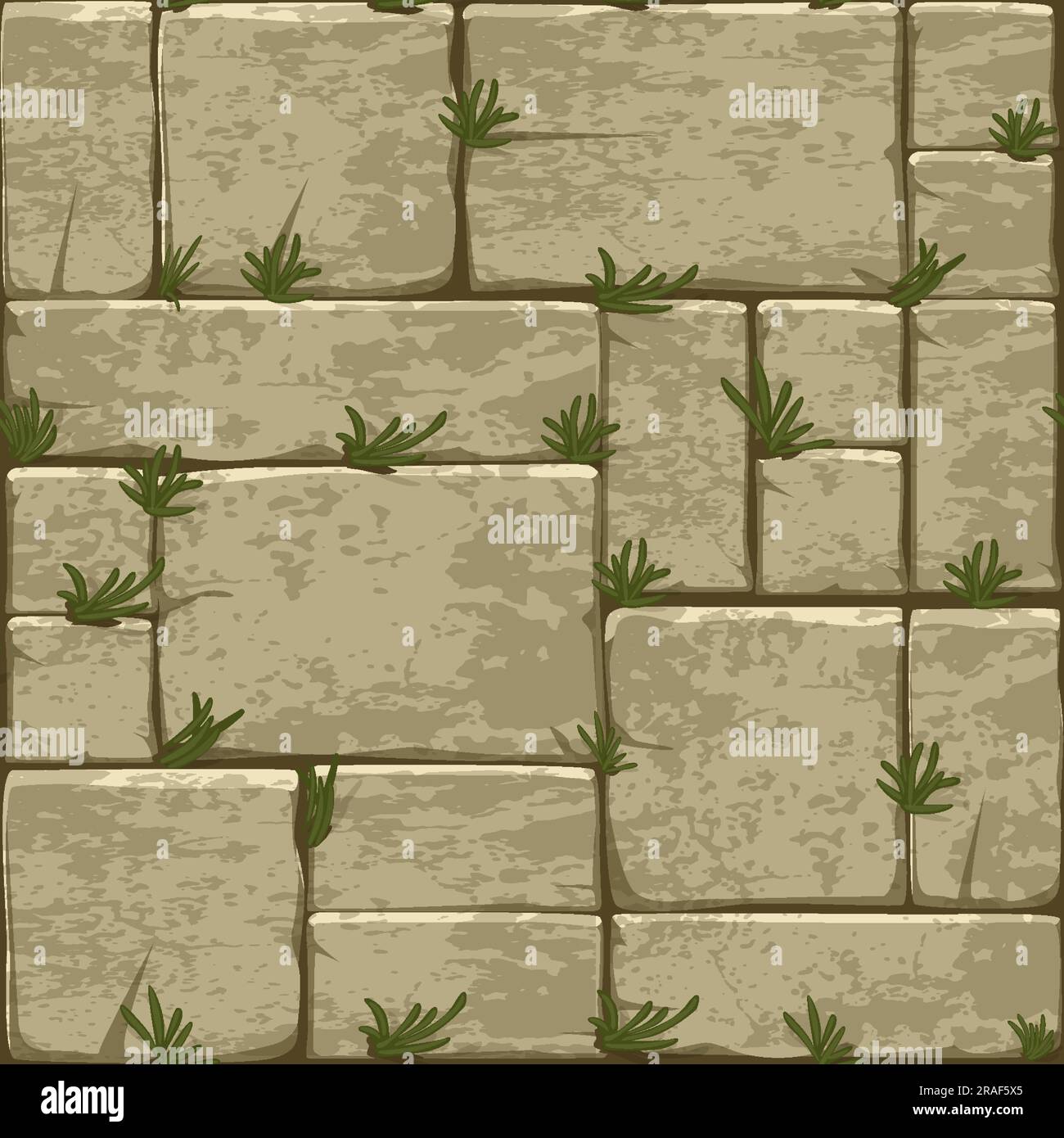 Cartoon stone pavement seamless pattern, brick wall texture, cracked rock paver on grass Stock ...