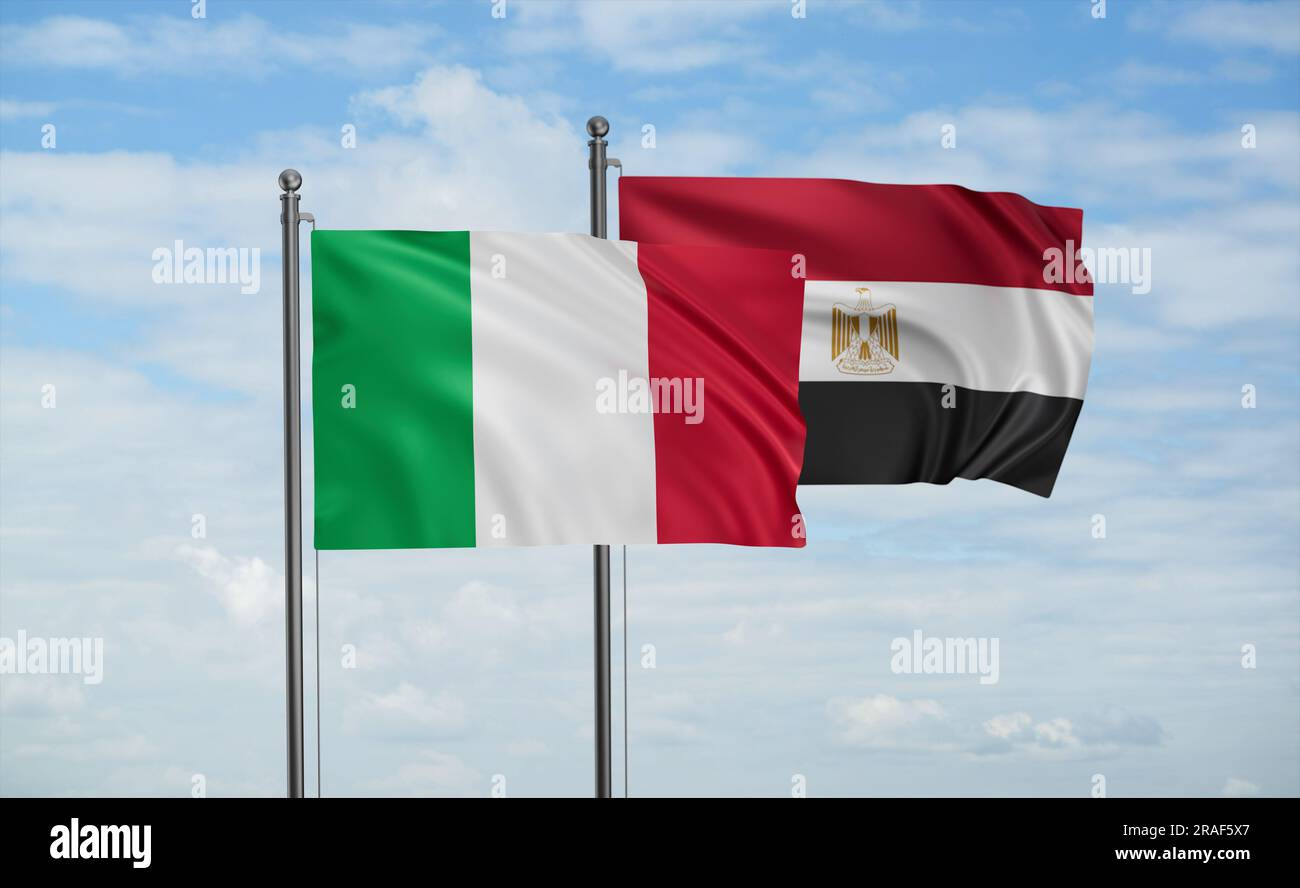 Egypt and Italy flag waving together in the wind on blue sky, two ...