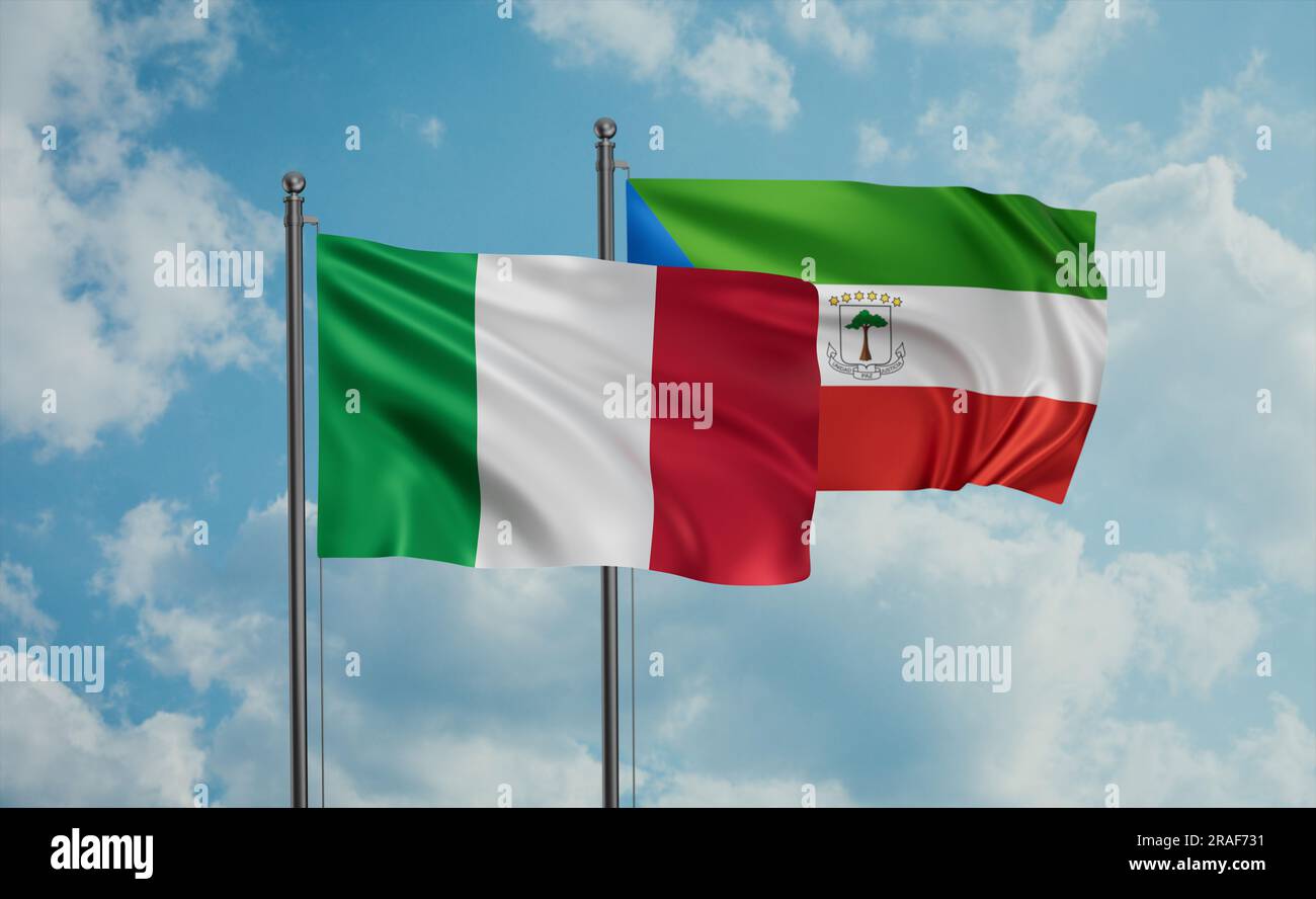 Equatorial Guinea flag and Italy flag waving together on blue sky, two ...