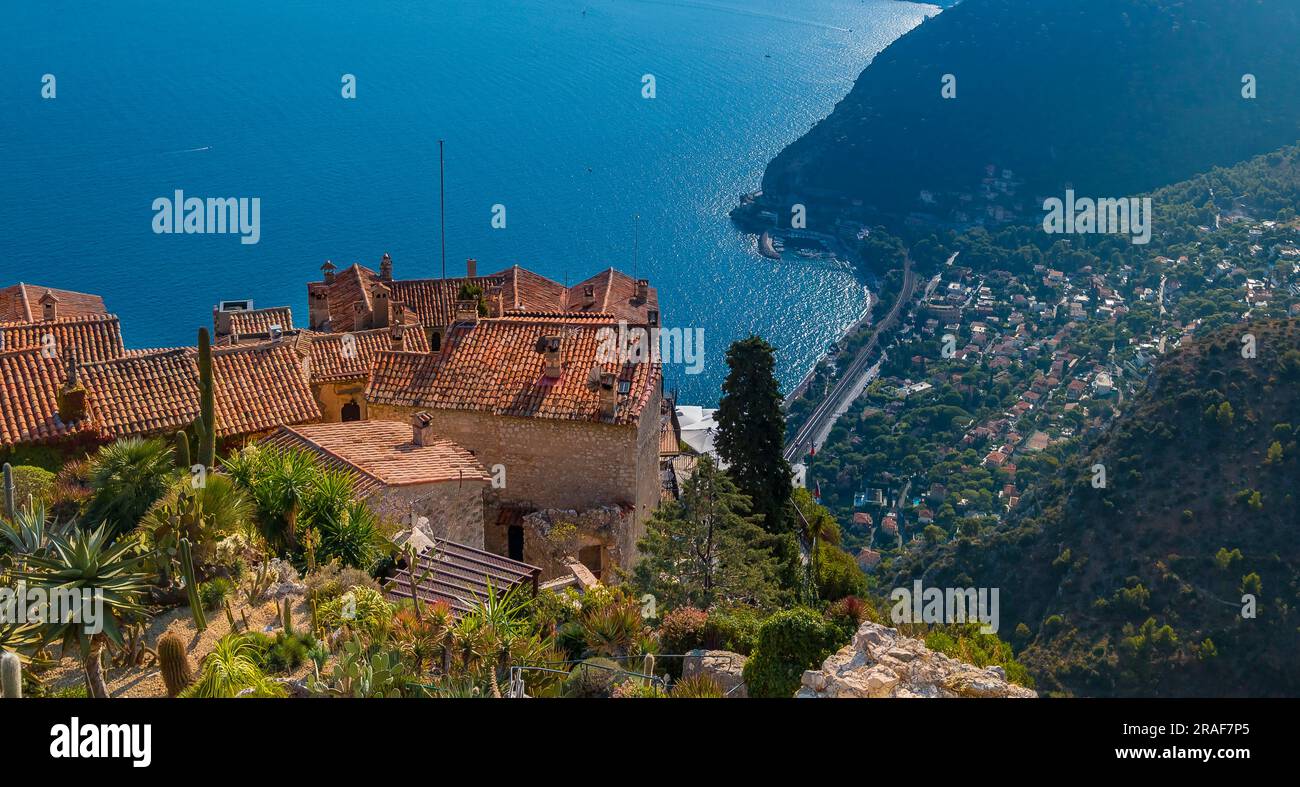 Scenic view of the Mediterranean coastline and medieval houses from the ...