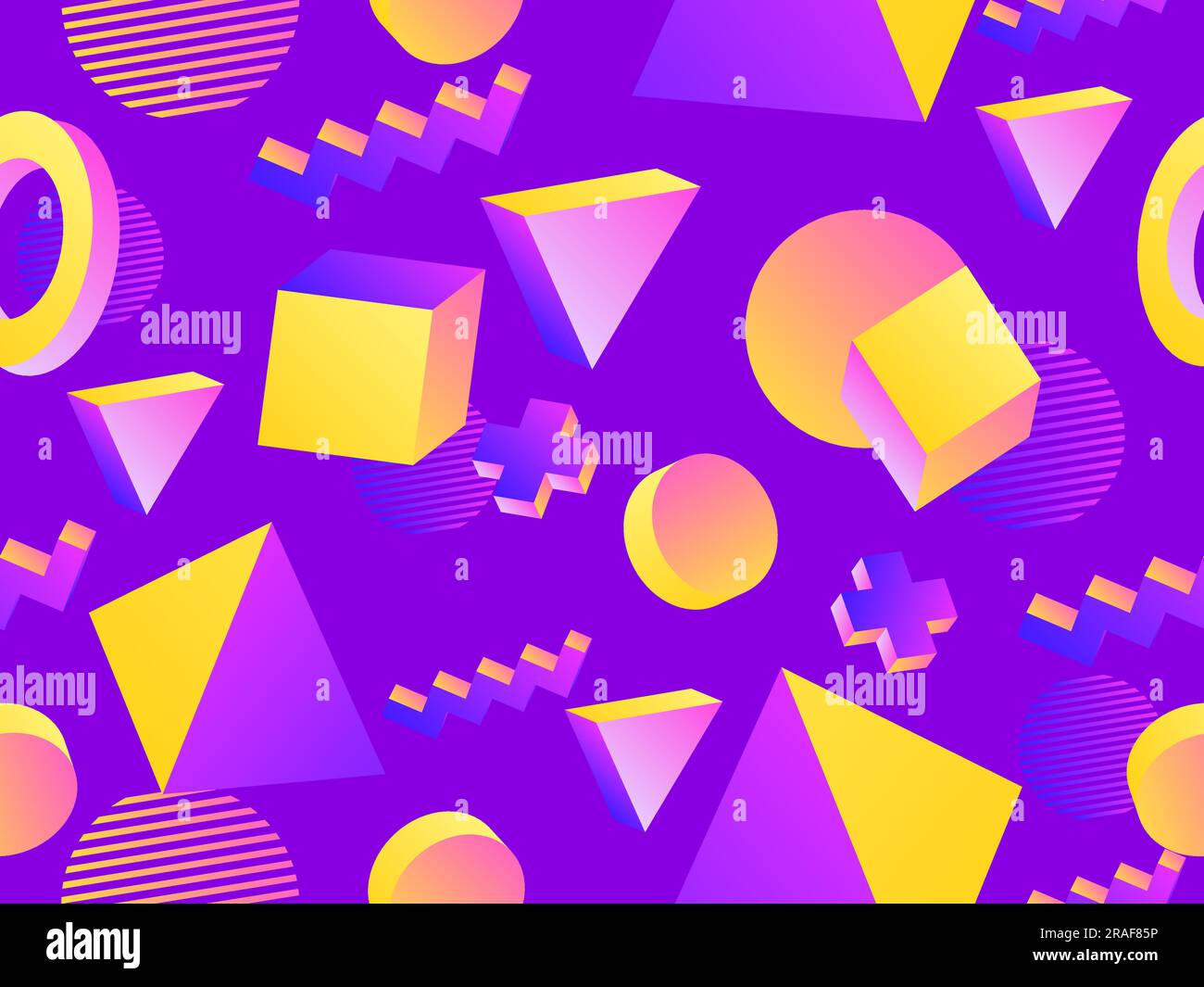 Seamless pattern with geometric 3d shapes in 80s style. Gradient 3d ...