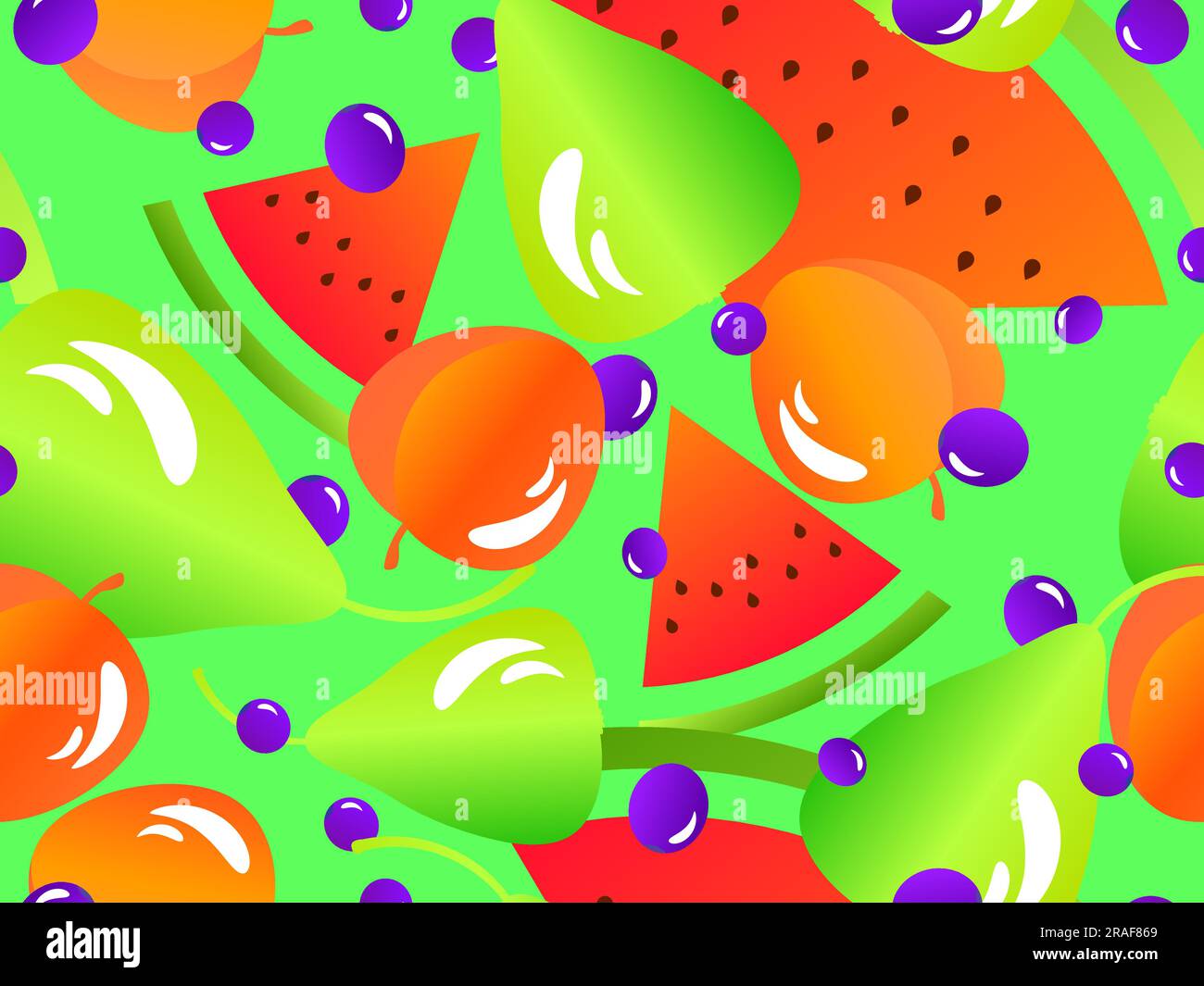 Seamless pattern with watermelon, peach, pear, blueberry. Summer exotic fruit mix with gradient ...