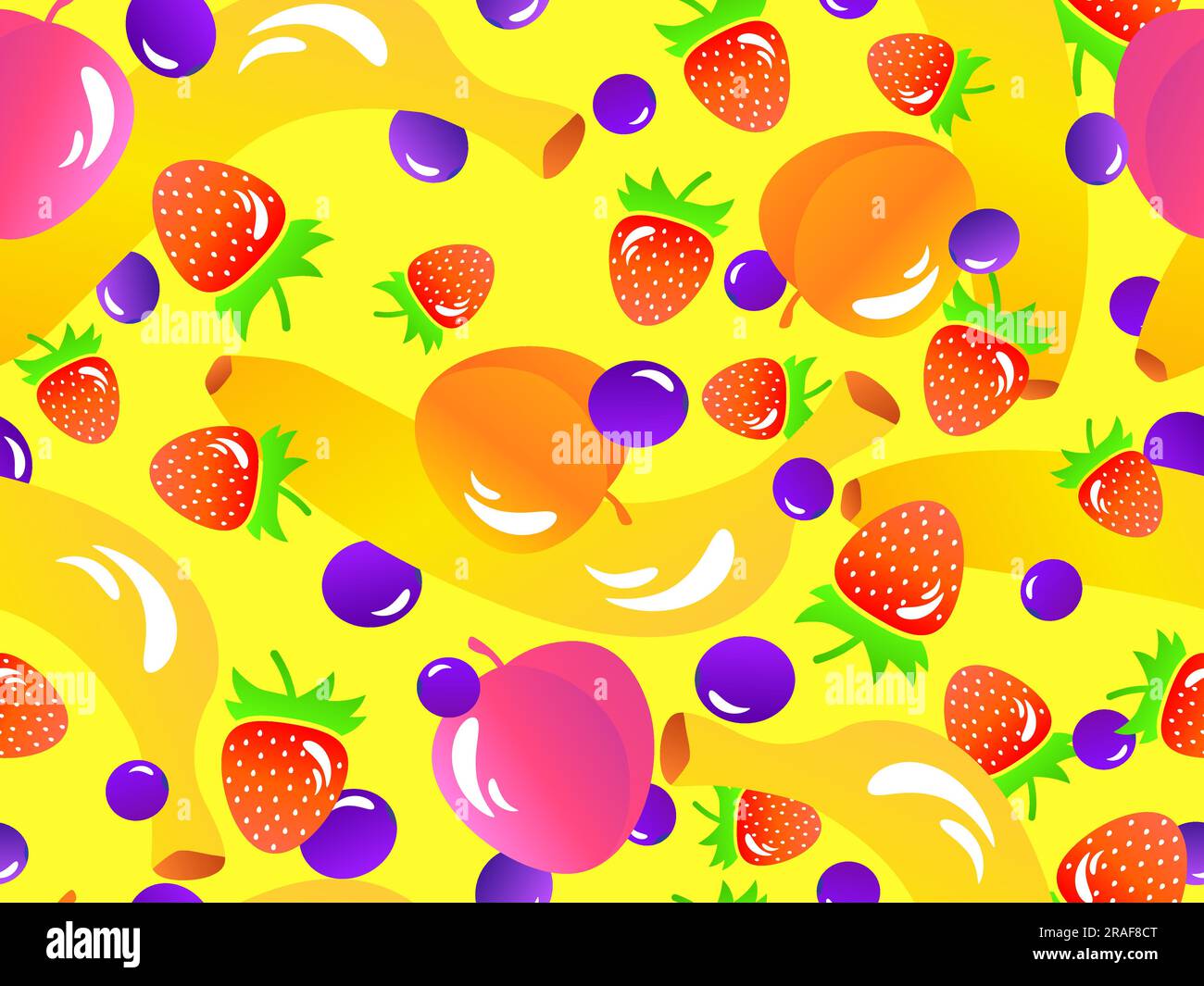Seamless pattern with banana, strawberry, peach, blueberry. Summer ...