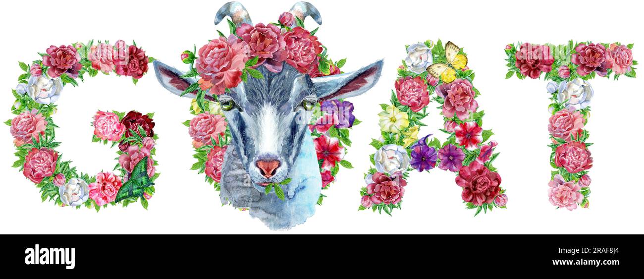 Word GOAT of watercolor flowers for decoration Stock Photo - Alamy
