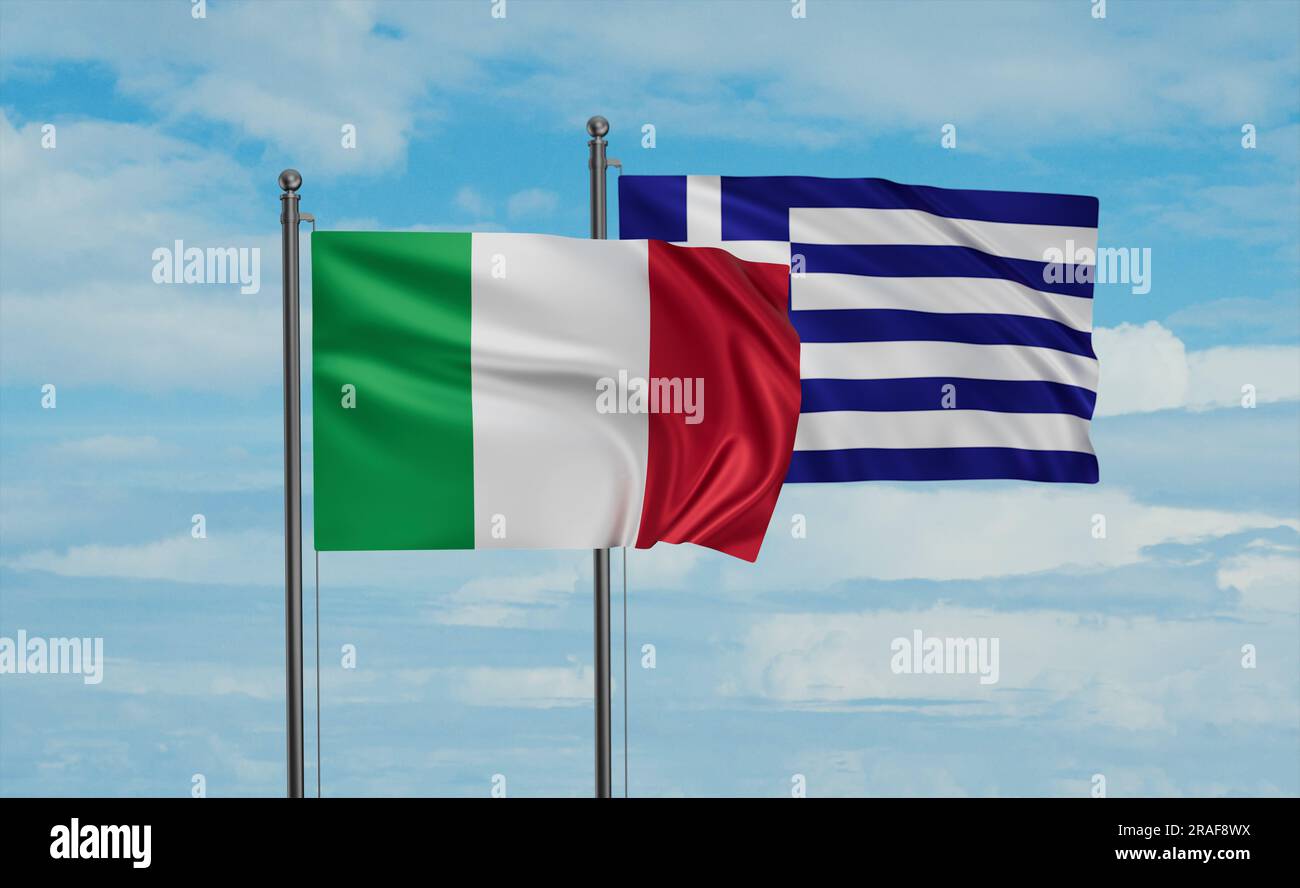 Greece flag and Italy flag waving together on blue sky, two country ...