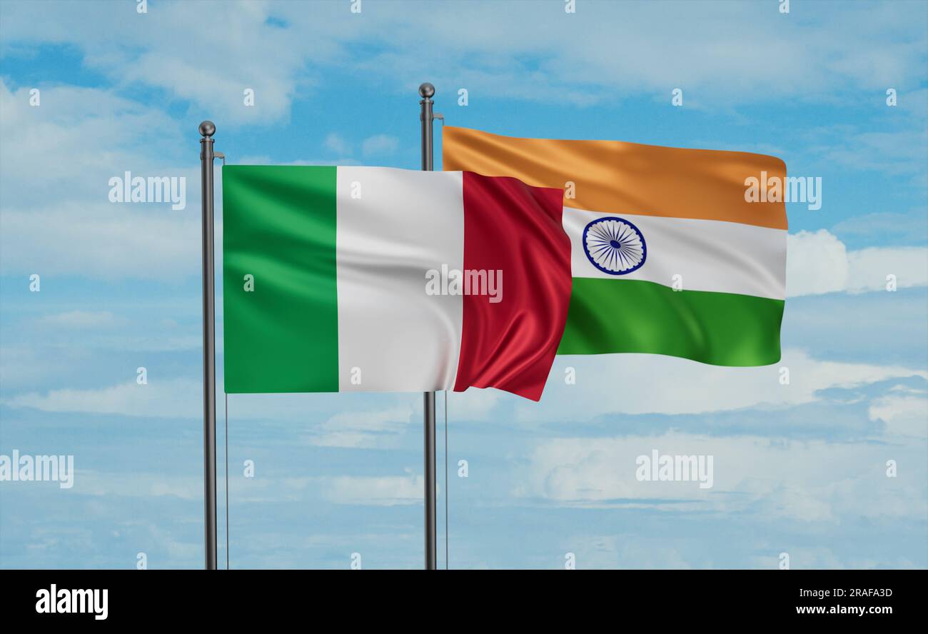 India flag and Italy flag waving together on blue sky, two country ...