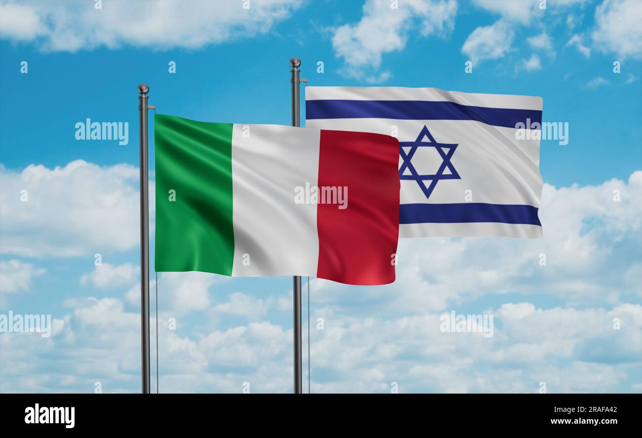 Israel flag and Italy flag waving together on blue sky, two country ...
