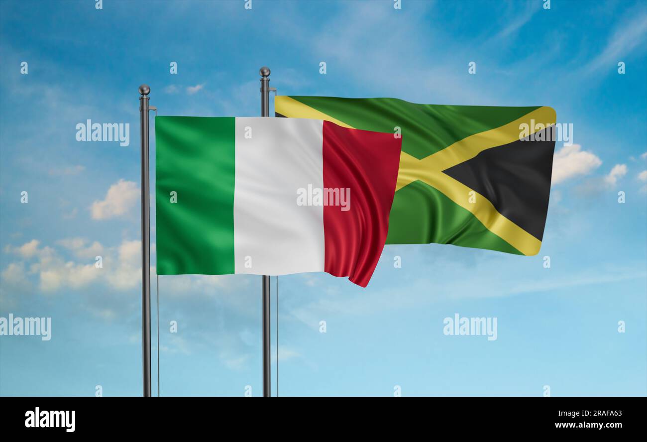 Jamaica and Italy flag waving together in the wind on blue sky, two ...