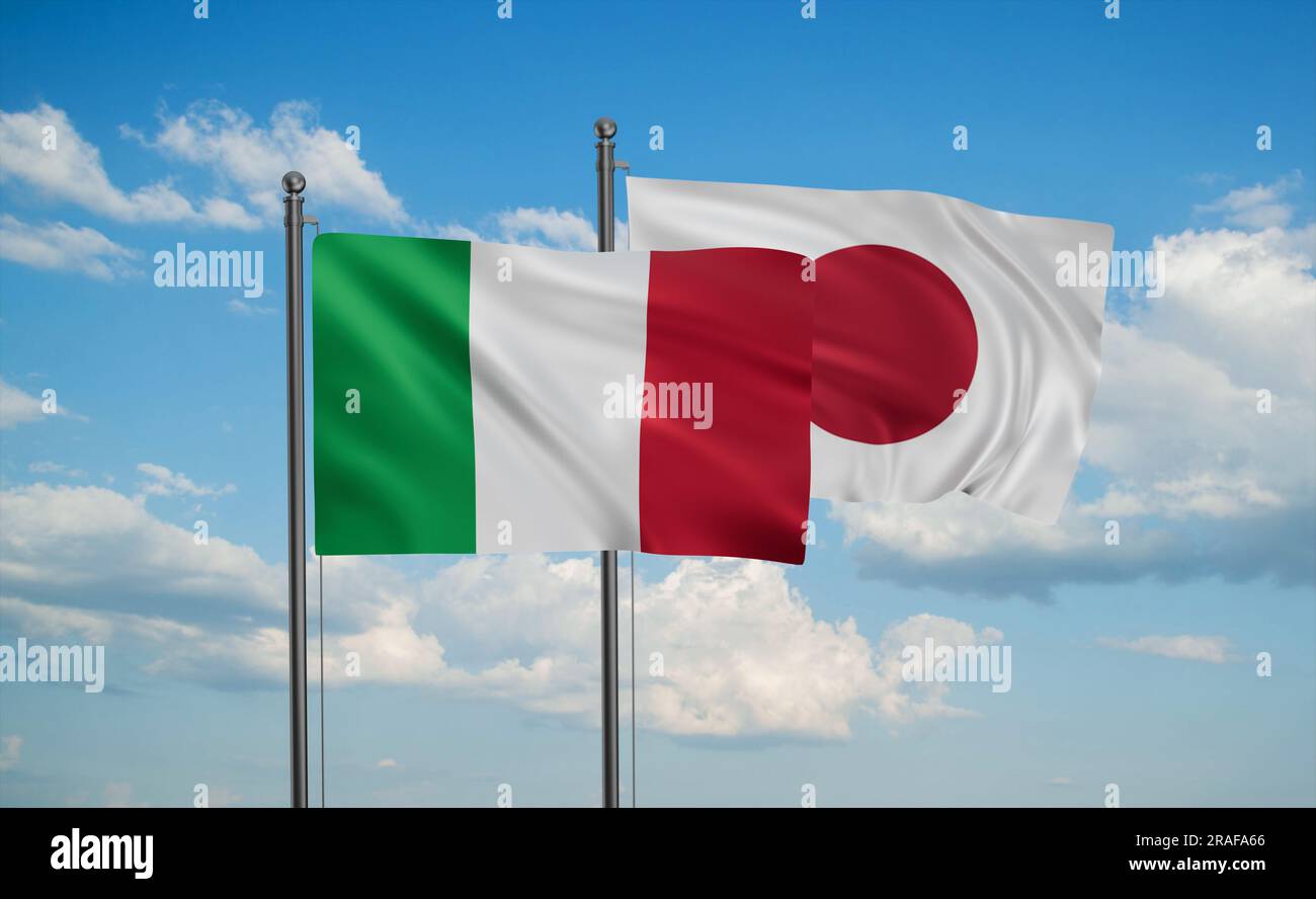 Japan flag and Italy flag waving together on blue sky, two country ...