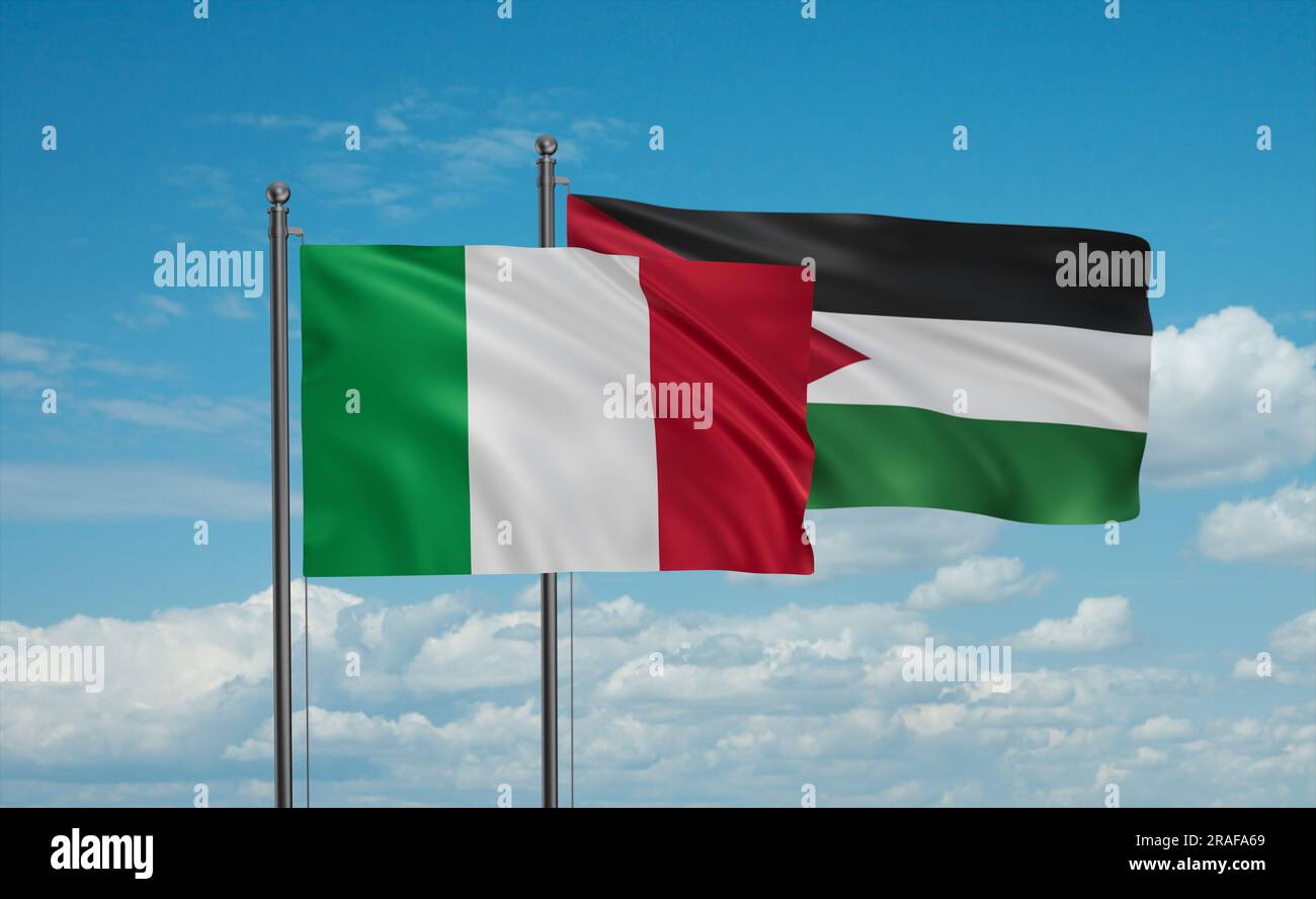 Jordan and Italy flag waving together in the wind on blue sky, two ...