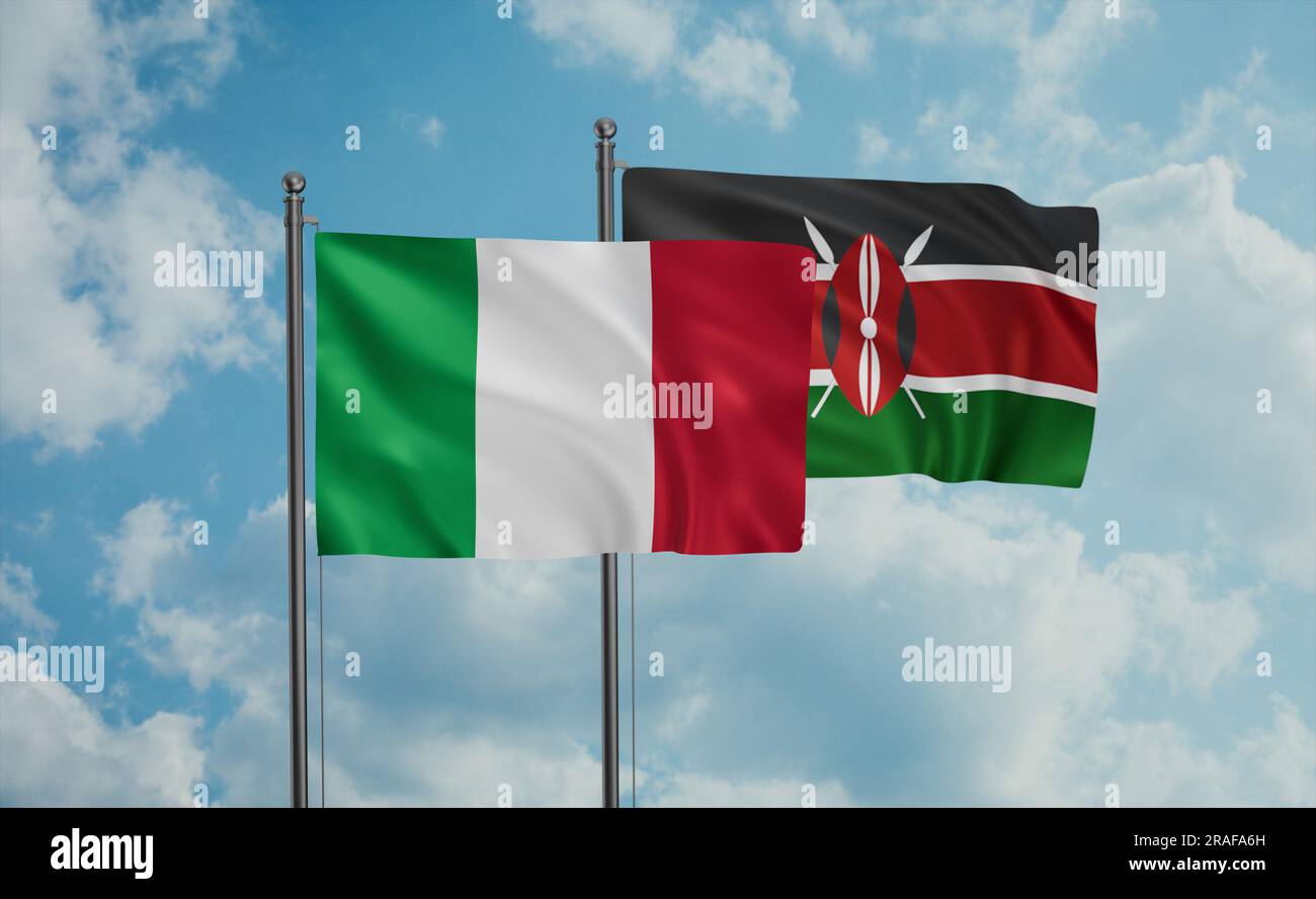Kenya flag and Italy flag waving together on blue sky, two country ...
