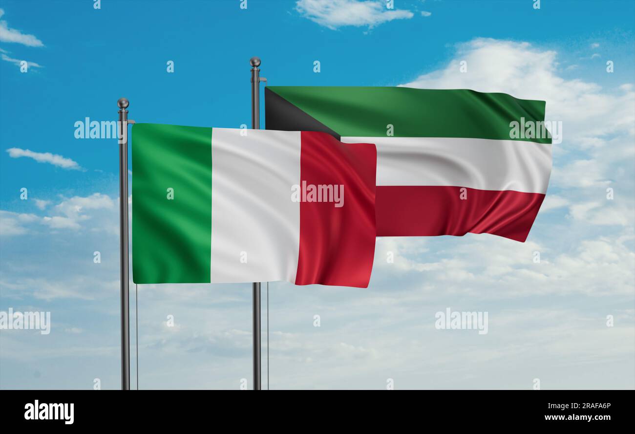 Kuwait and Italy flag waving together in the wind on blue sky, two ...