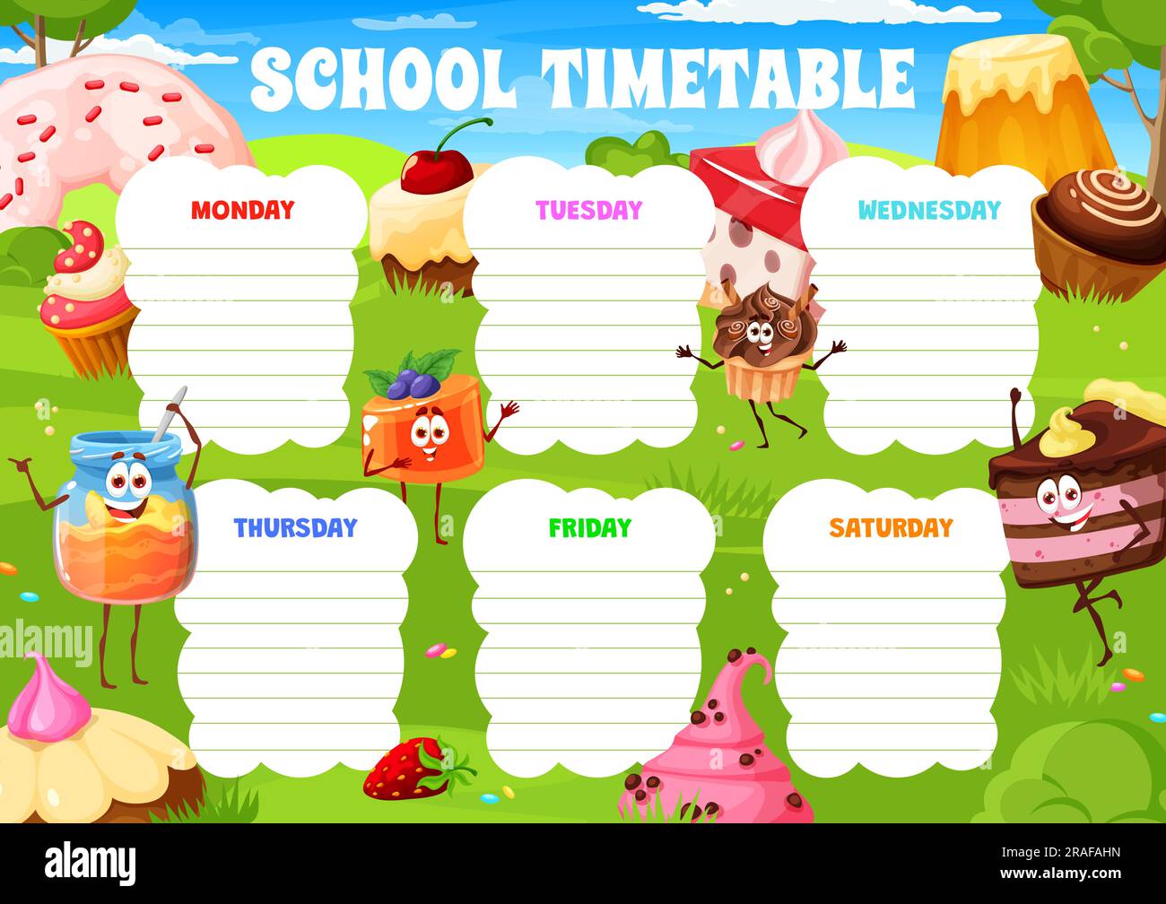 Timetable schedule cartoon funny desserts, sweets and cake characters ...