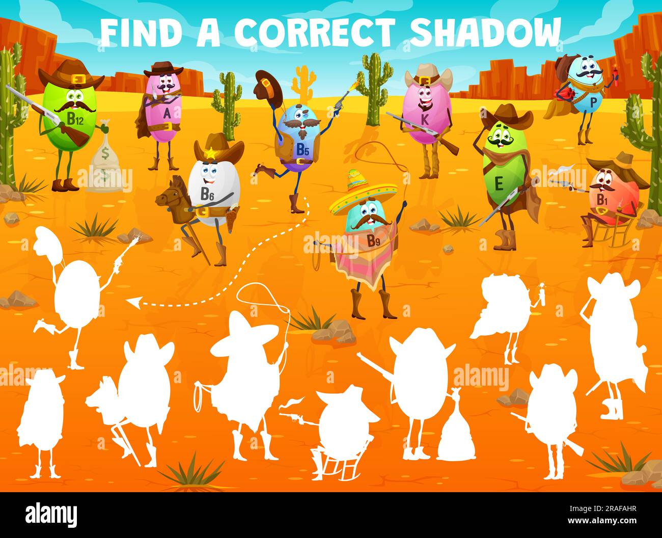 Find a correct shadow of cartoon vitamin A, B and E cowboy, bandit and ...