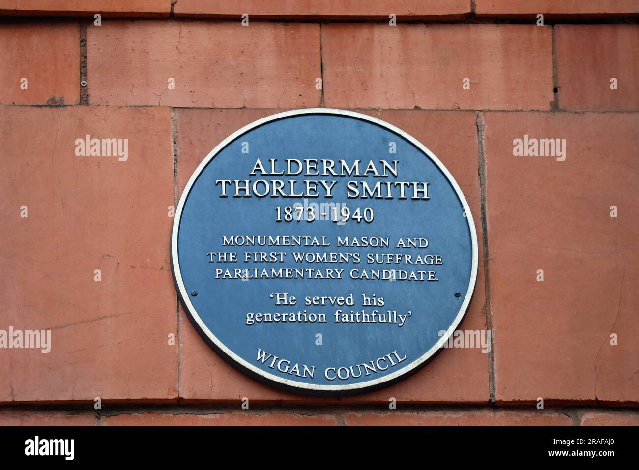 Alderman Thorley Smith plaque on the Town Hall building in Wigan Stock ...