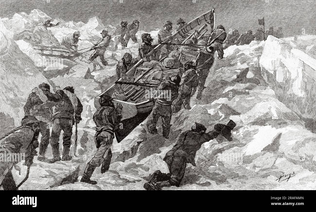 Expedition members pulling boats on the icy hills. The Jeannette ...