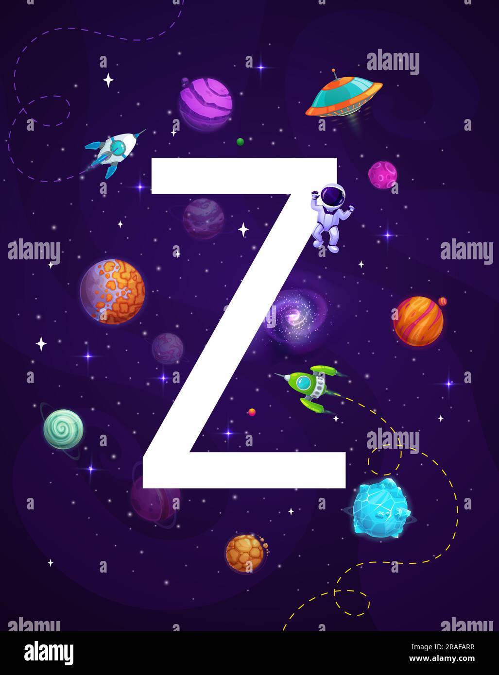 Cartoon space letter Z. Vector alphabet uppercase sign. Card with ...