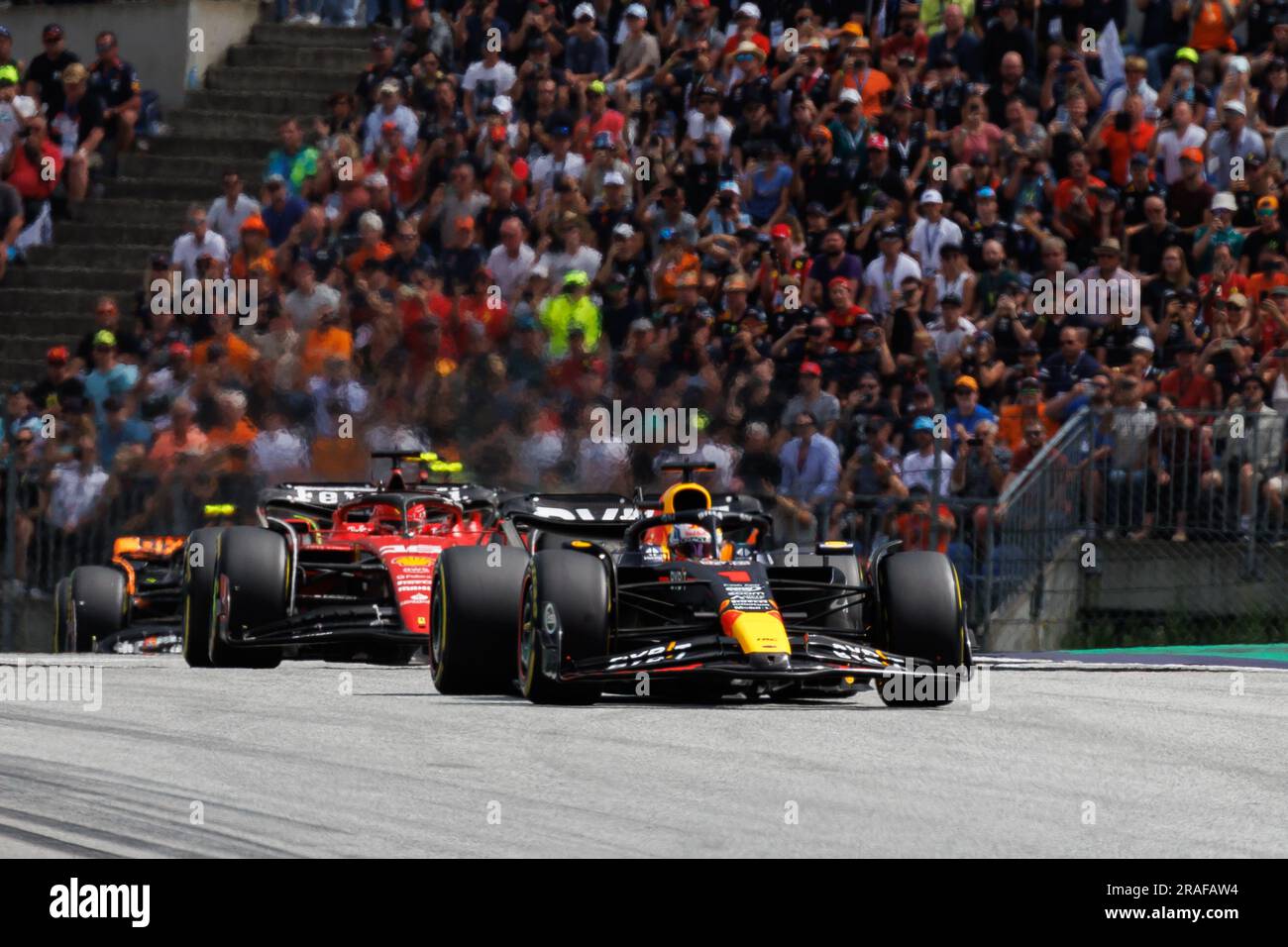 Spielberg, Austria. 2 July, 2023. Max Verstappen, Charles Leclerc ...