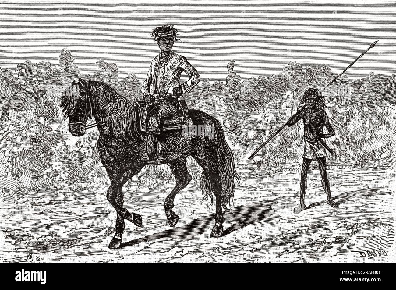 Bagobo man mounted on a horse dressed in typical traditional travel ...