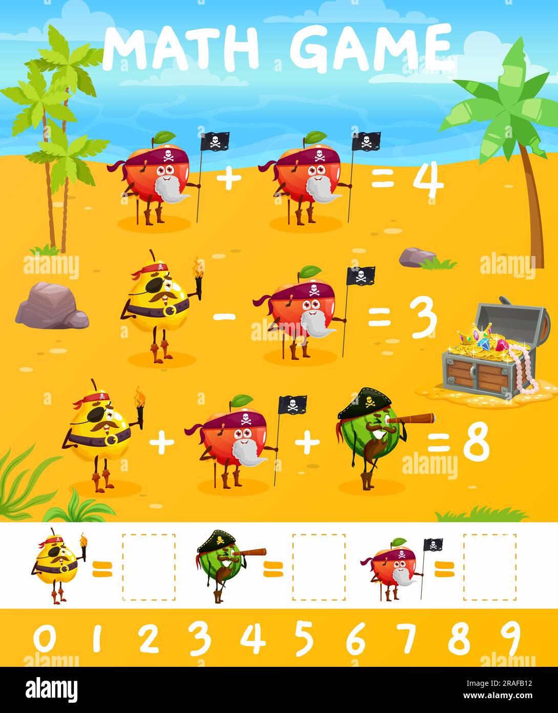 Cartoon funny fruits pirate and corsair characters on math game ...