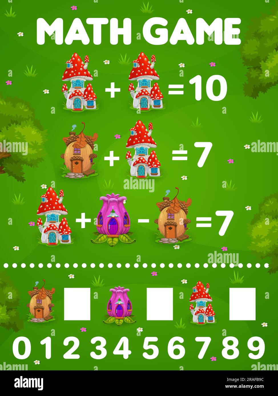 Math game worksheet, cartoon elf and gnome house buildings, vector quiz ...