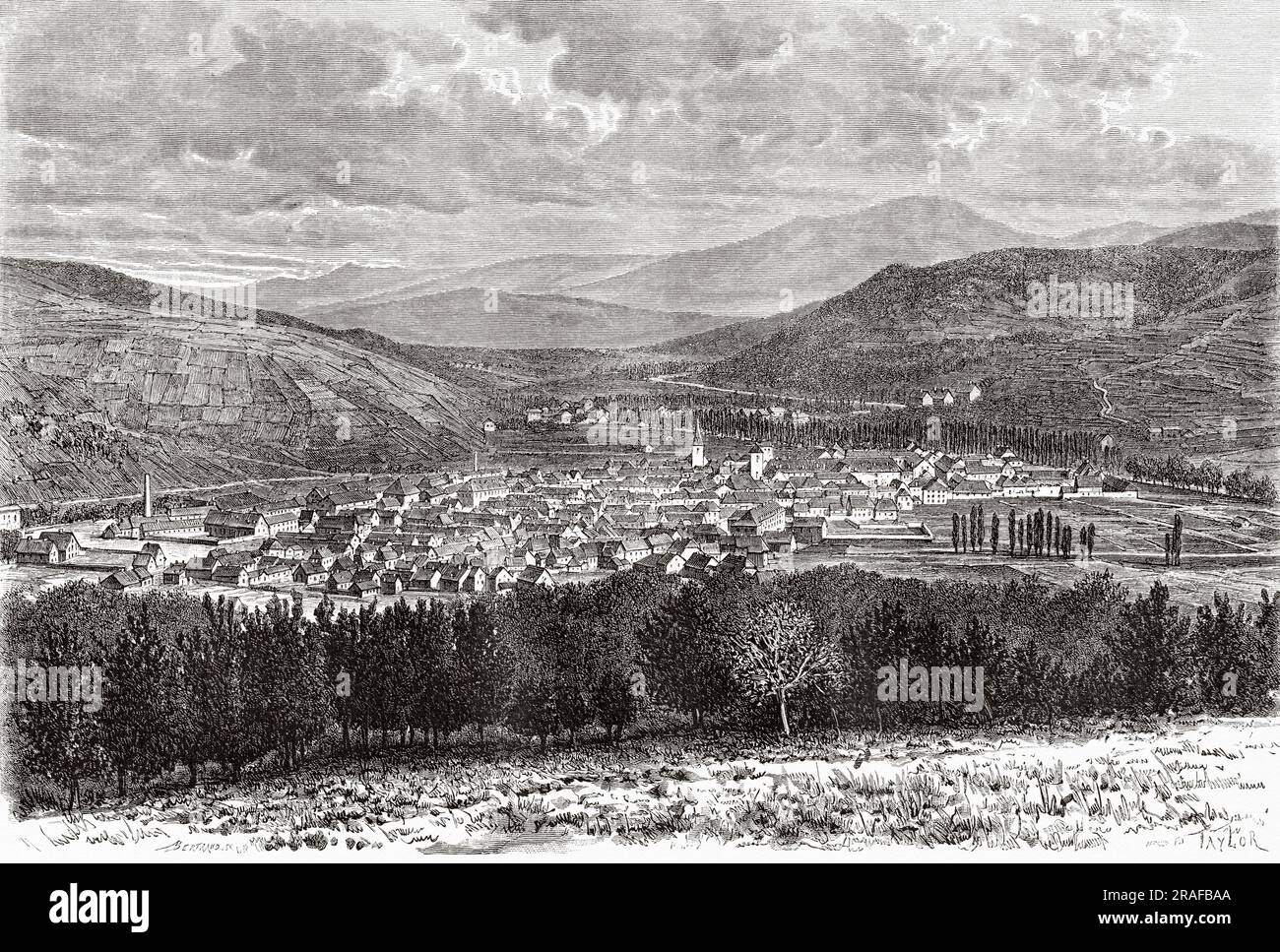 Panoramic general view of the valley and French city of Munster, Alsace ...