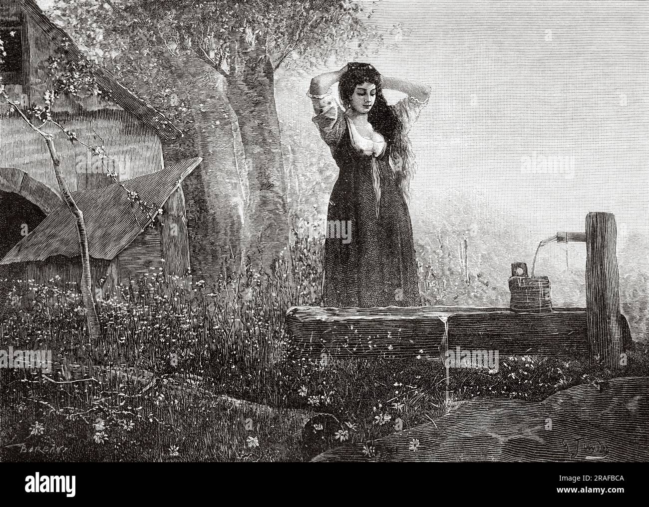 Young woman taking a bath in the fountain, Orbey valley, Alsace ...