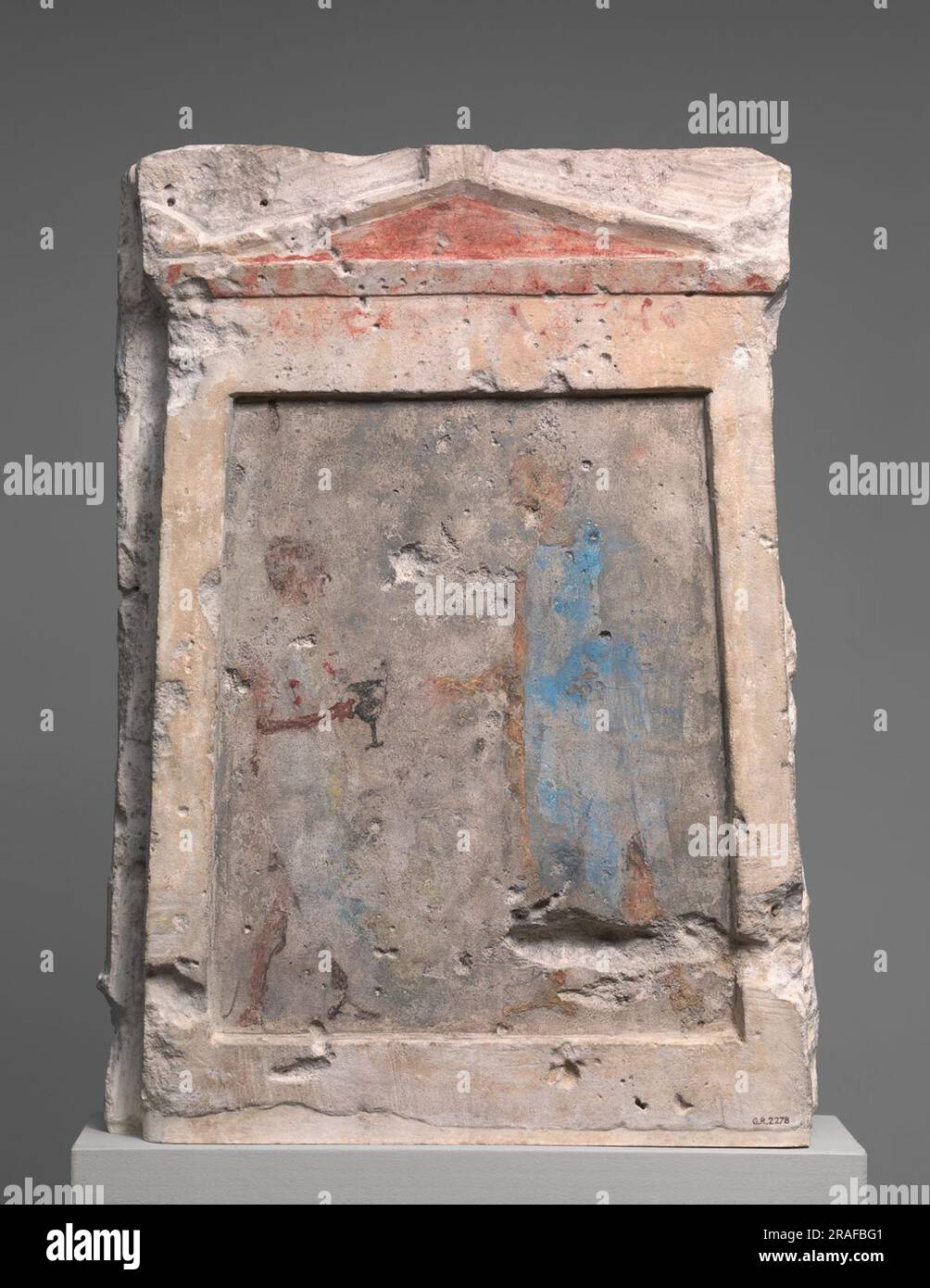 Painted Limestone Funerary Slab with a Soldier Taking a Kantharos from ...
